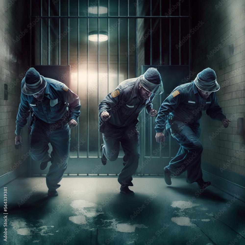 three police commandos run out of the bars to challenge the prison ...