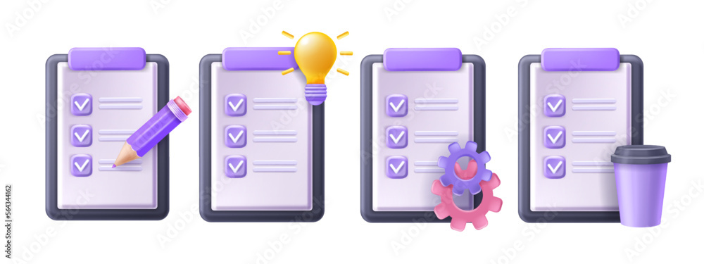 3D checklist clipboard vector icon set, online digital checkbox form ...