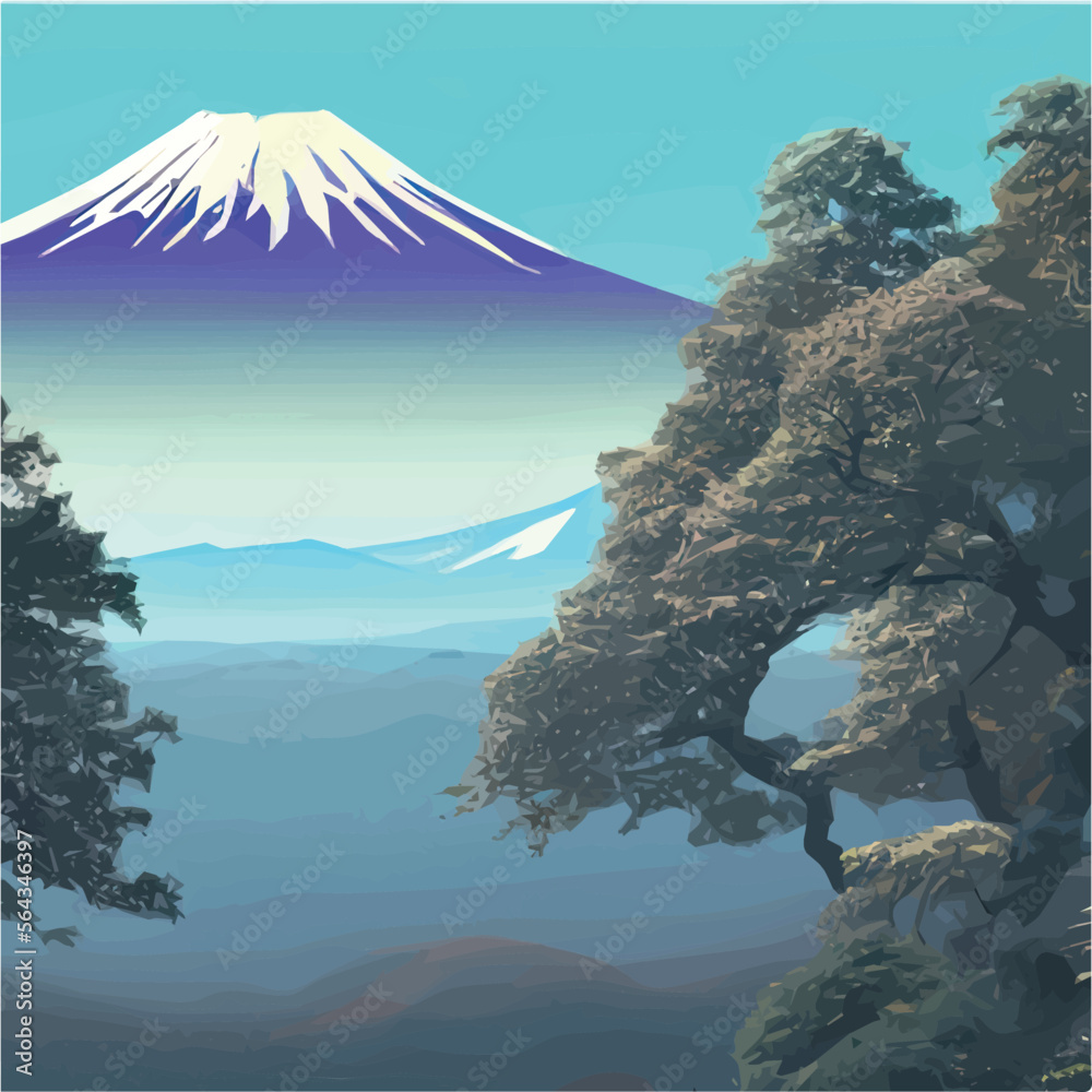 Vector illustration of Japanese Mount Fuji with variety of trees, Ideal ...