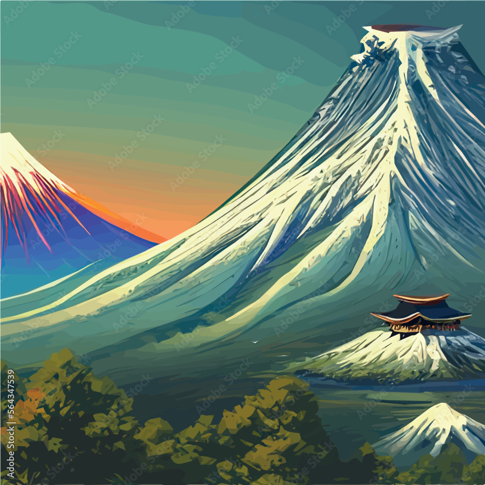 Vector illustration of Japanese Mount Fuji with variety of trees, Ideal ...