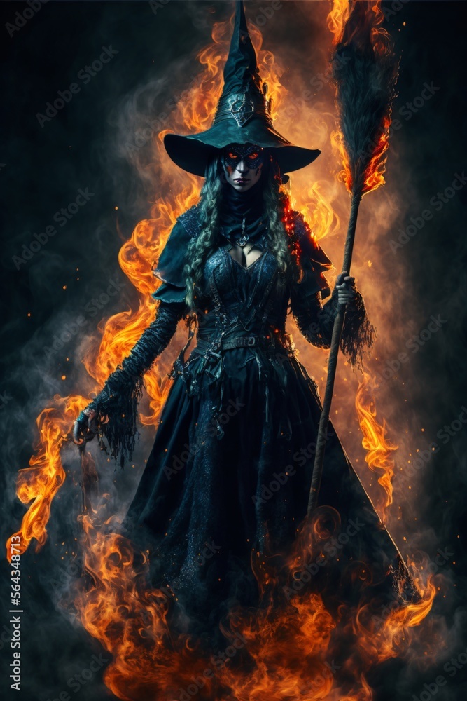 Seductive sexy witch wearing gothic dress with broom and flames ...