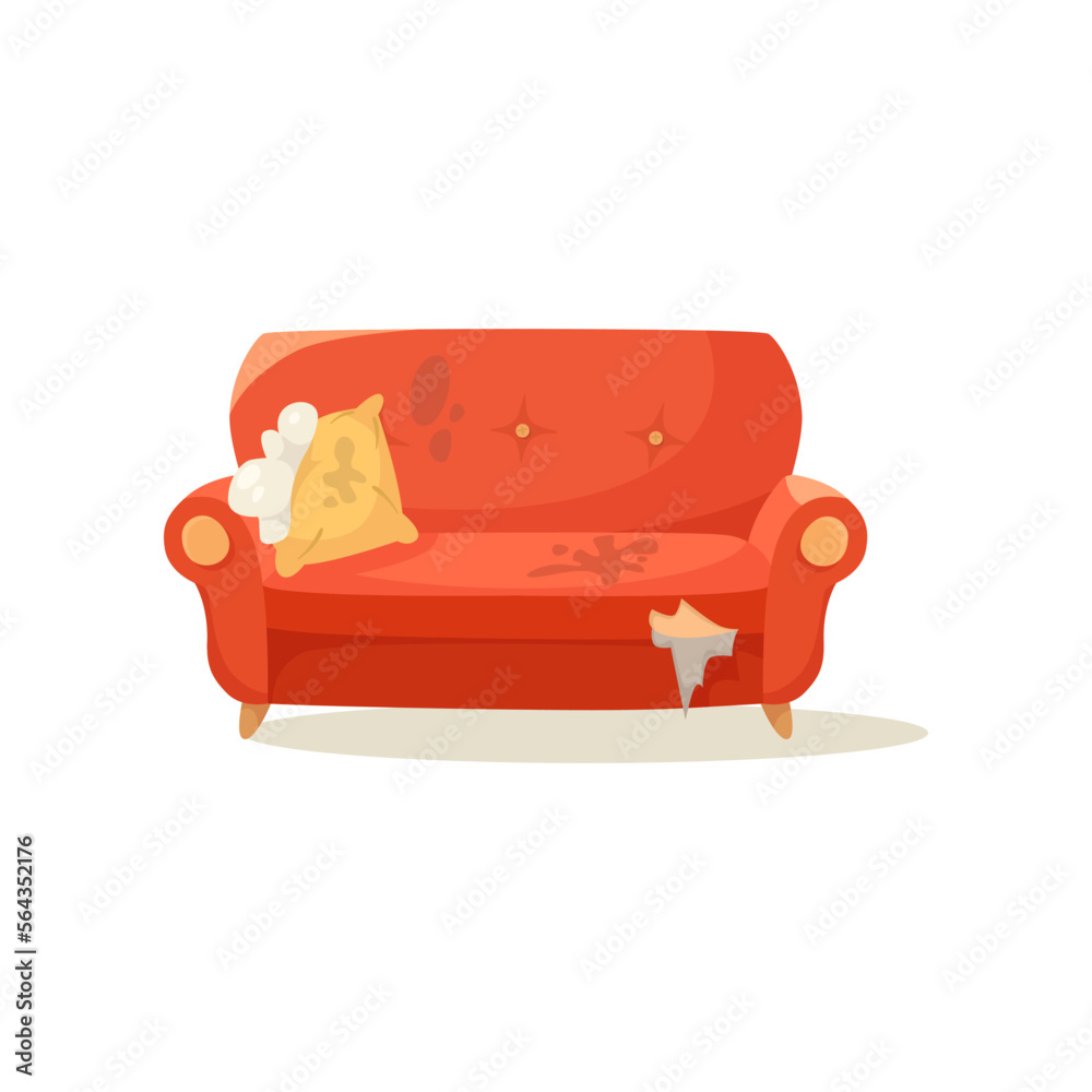 Dirty broken red sofa vector illustration. Torn old couch with pillow ...