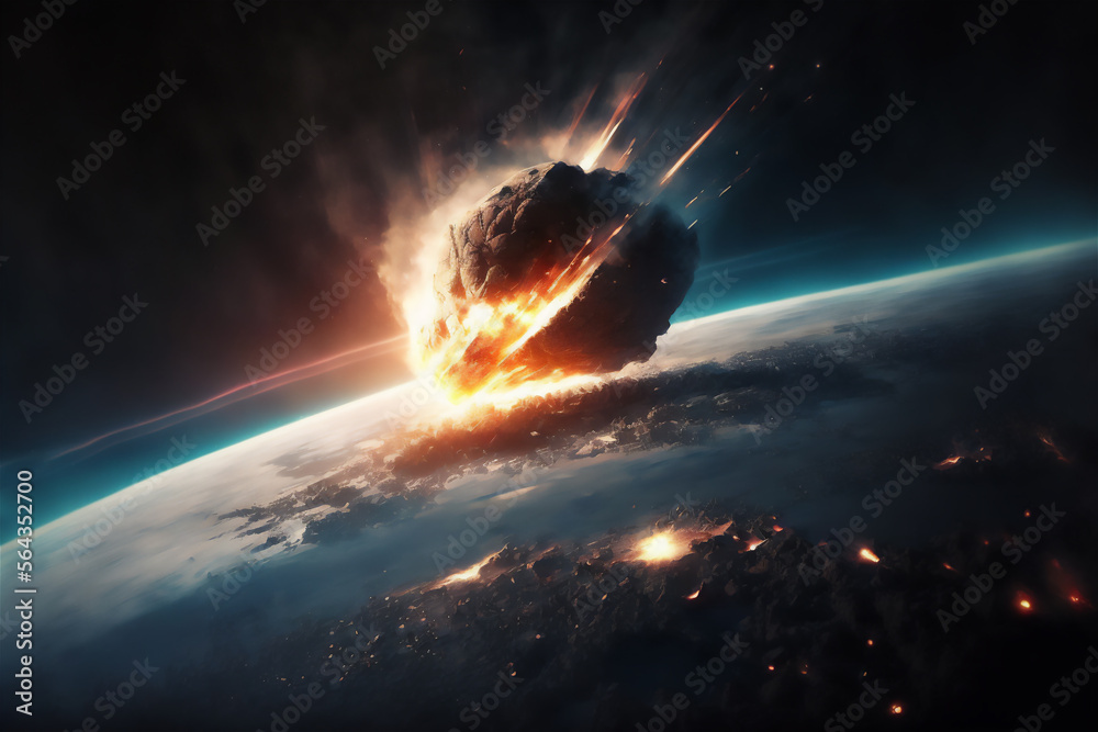 Asteroid impact, end of world, judgment day. Group of burning exploding ...