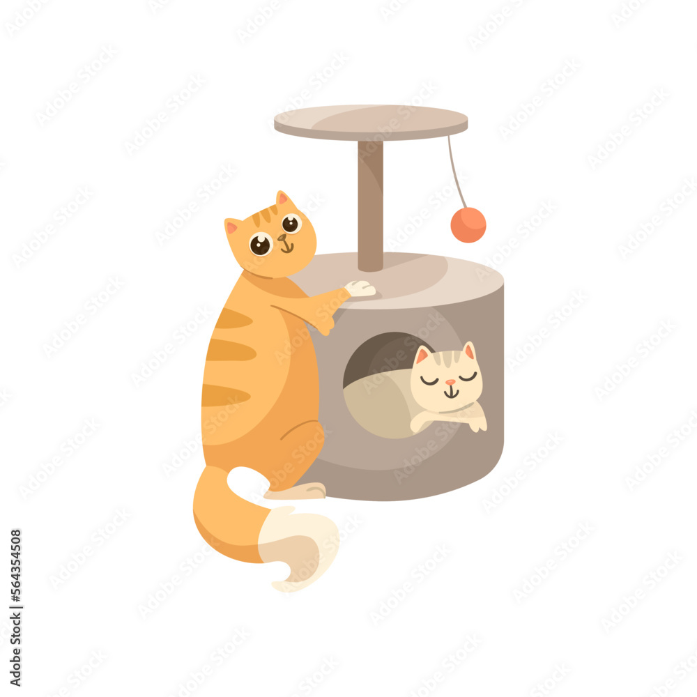 Vecteur Stock Cute comic kittens with cat tree tower vector ...