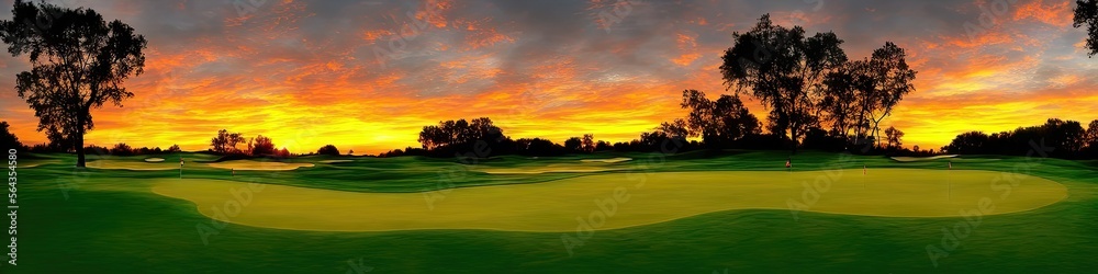 The sun sets on the golf course - panoramic extra wide view of a ...