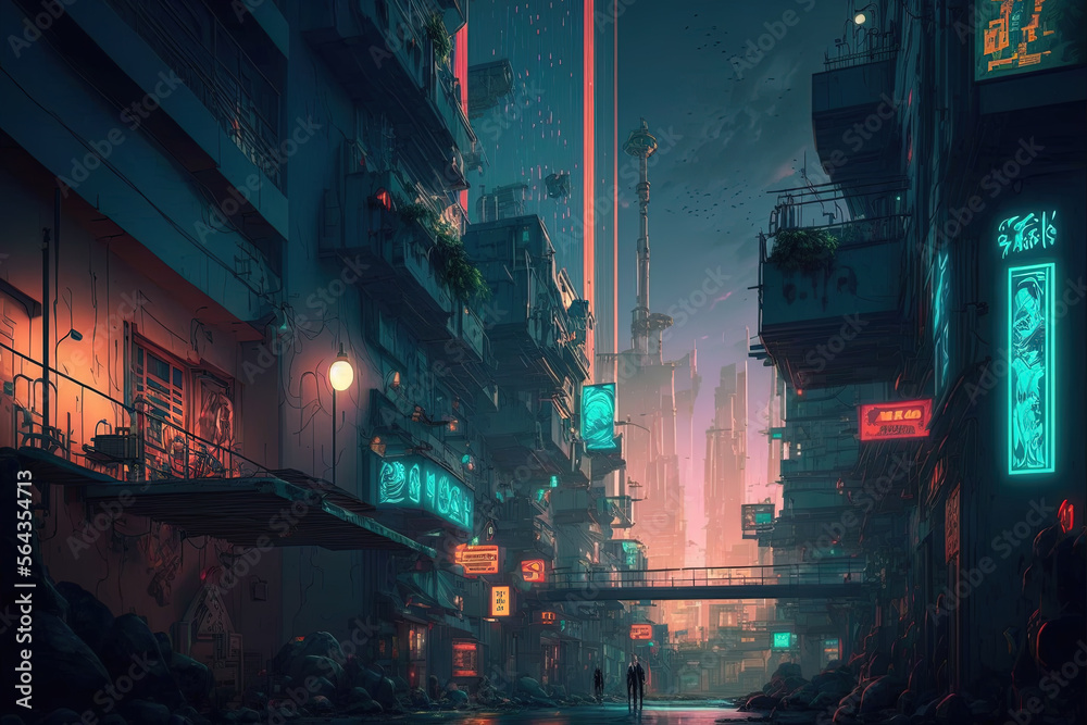 Neon Nightscape, bustling cyberpunk metropolis alive with activity ...