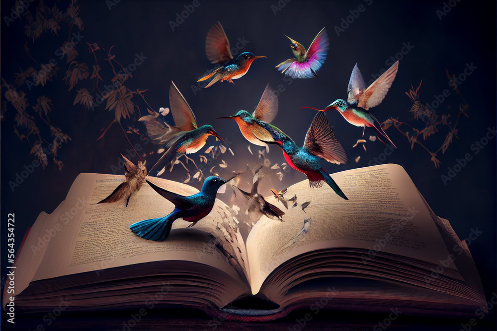 Abstract illustration, a flock of hummingbird birds flies out of an ...
