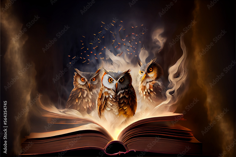 The symbol of wisdom, the owl, sits on an open book. Fairy tale fantasy ...