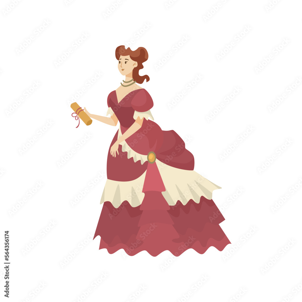 Victorian woman holding letter vector illustration. Cartoon female ...