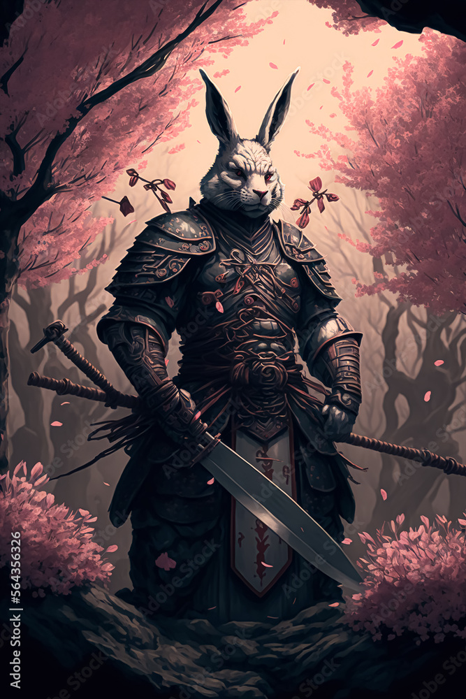 Samurai bunny warrior on sakura tree background. Generative AI Stock ...