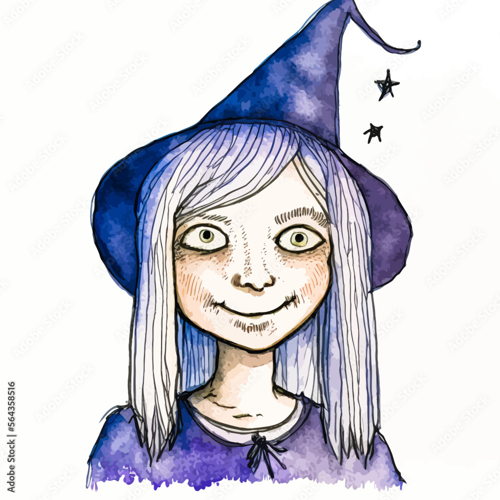 Vector portrait of a girl dressed as a witch with a big pointy hat: an ...