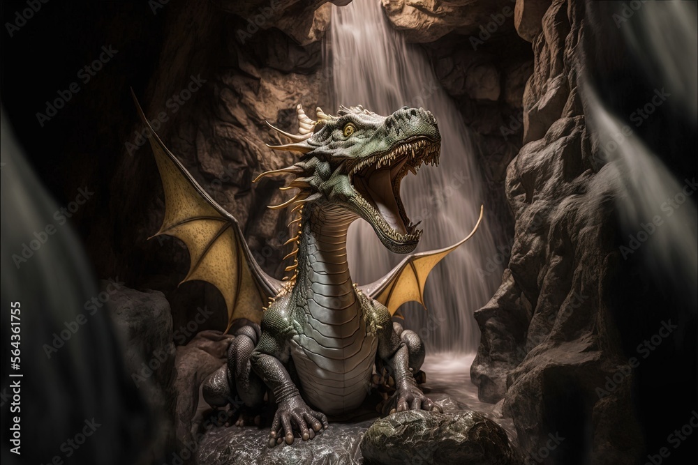 a dragon statue sitting in a cave with a waterfall behind it and a ...