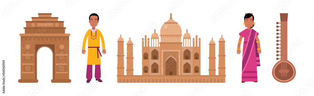 Indian Traditional Symbols with Musical Instrument, Clothing and Taj ...