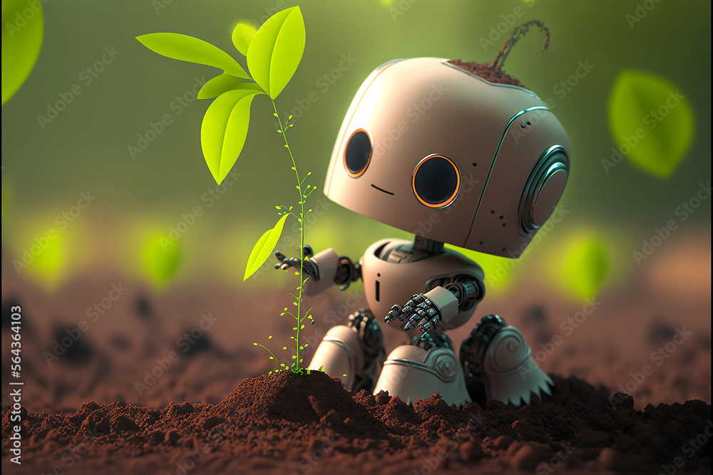 Cartoon cute Robot planted seedling young tree into the soil ...
