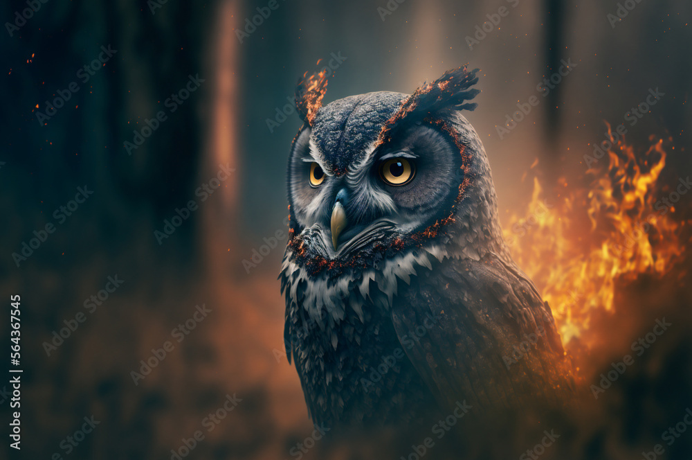Burning forest due to drought and bonfire from people. Burning owl ...