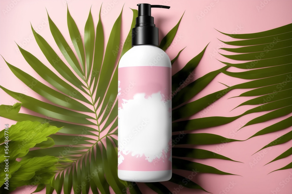 Hair care set cosmetics background nature palm, realistic. Bottle ...