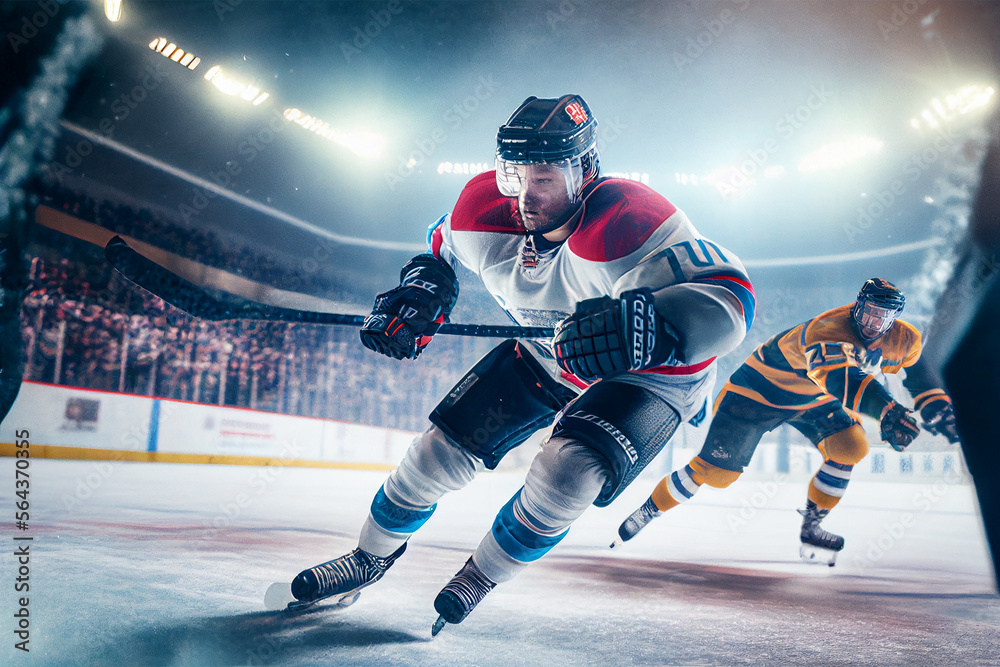 Athlete in action. Professional hockey player in the helmet and gloves ...