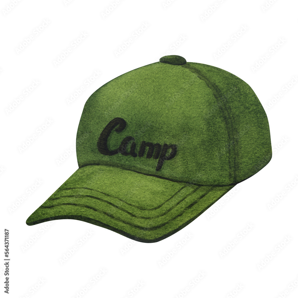 Watercolor green baseball cap, hat protects the head from the sun. Hand ...
