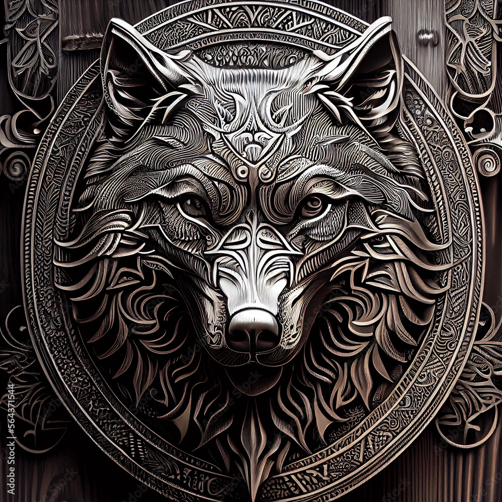 Wolf head engraving on the metal plate, generative Ai. Stock ...