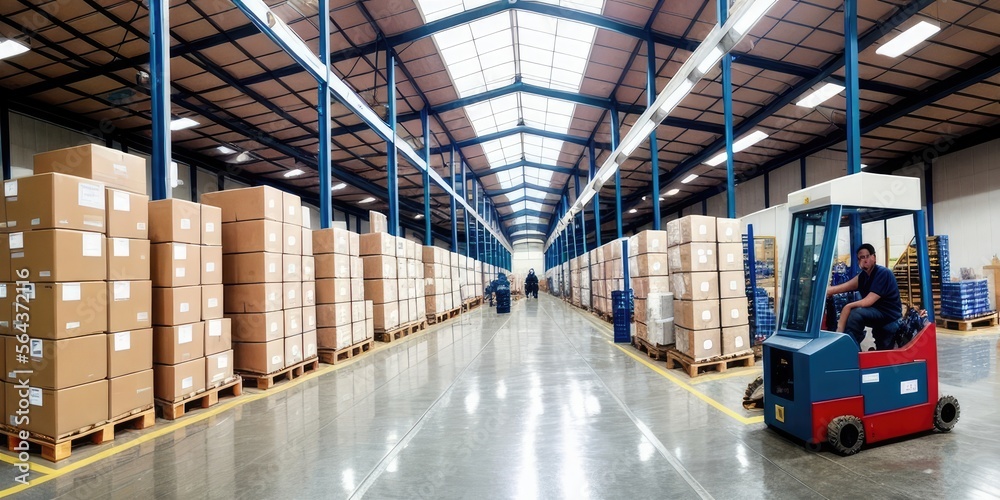 Warehouse with endless pallets of boxes and storage, robots and people ...
