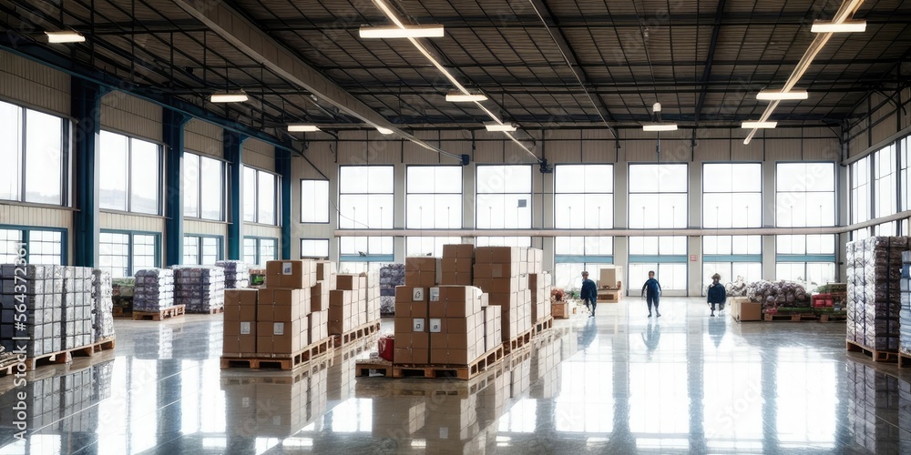 Warehouse with endless pallets of boxes and storage, robots and people ...