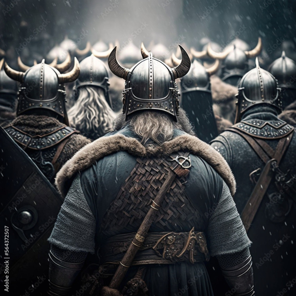 Back view of some vikings. Generative AI. ilustração do Stock | Adobe Stock
