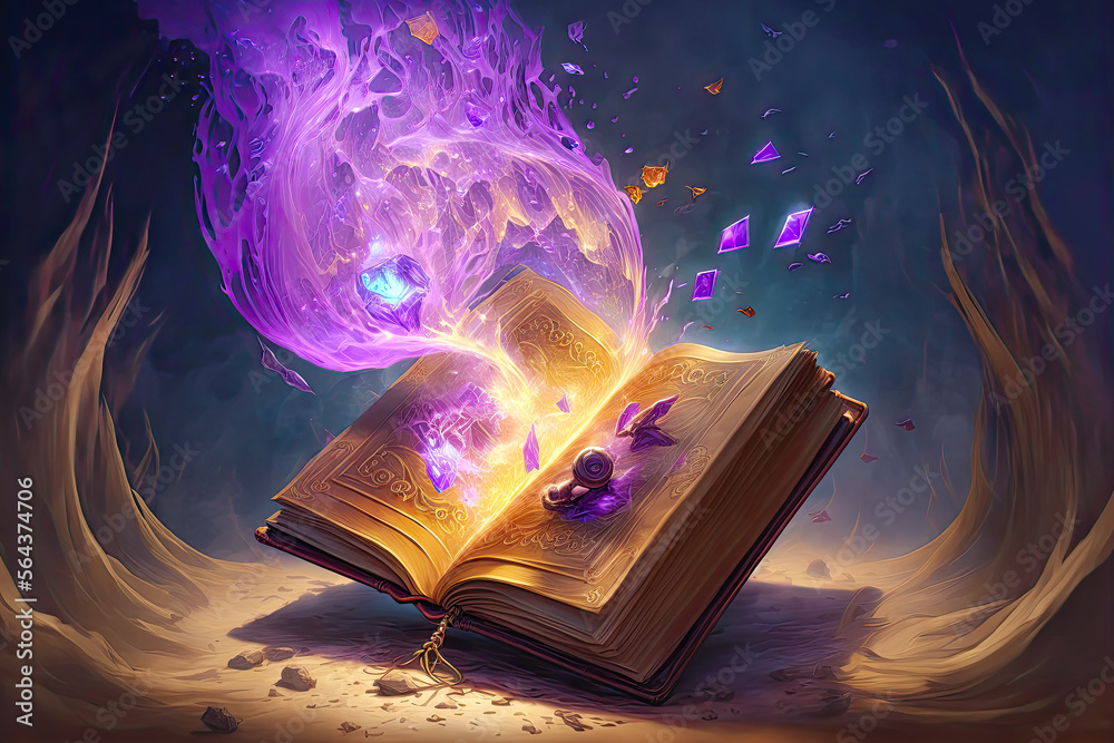 Magic spell coming out of opened book. Postproducted generative AI ...