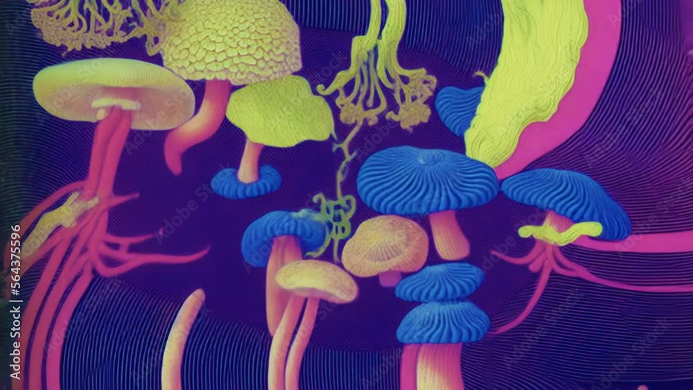Generative ai motion animation of surreal painting of mushrooms ...