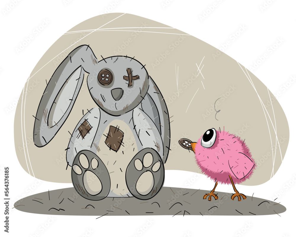 Cute and tender vector drawing of a little bird and a stuffed bunny ...