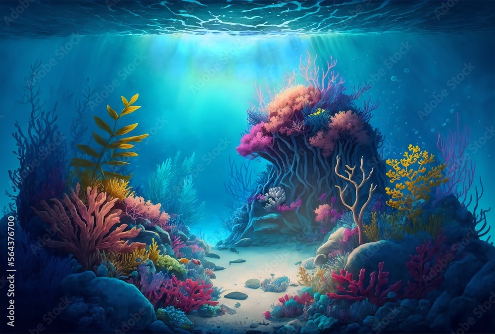 Colorful cartoon ocean background with blue water, rocks and seaweed in ...