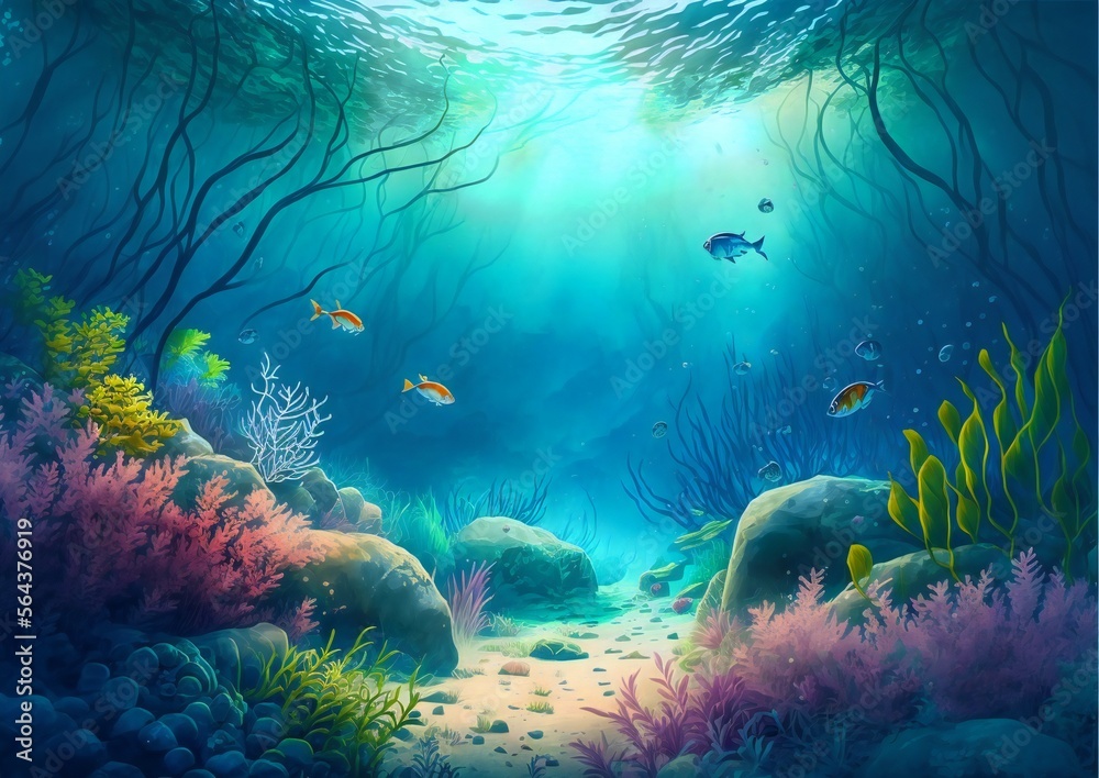 Colorful cartoon ocean background with blue water, rocks and seaweed in ...