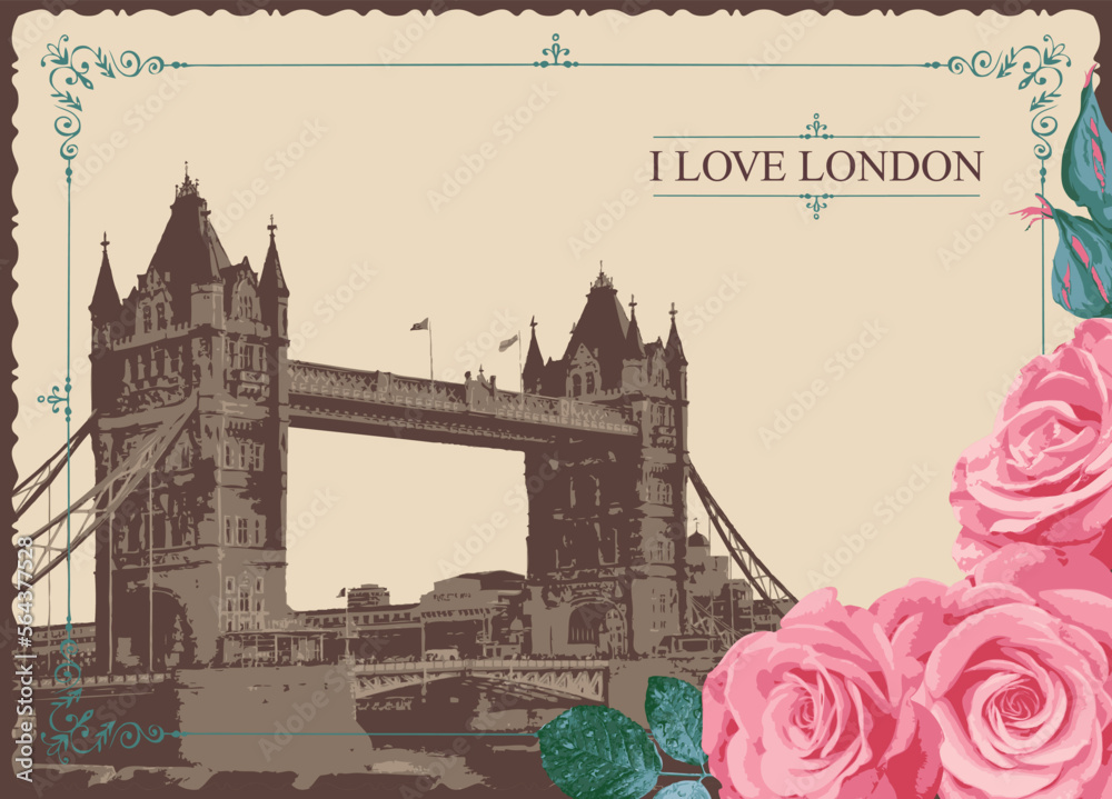 Vintage postcard with famous Tower-Bridge in London, UK. Retro postcard ...