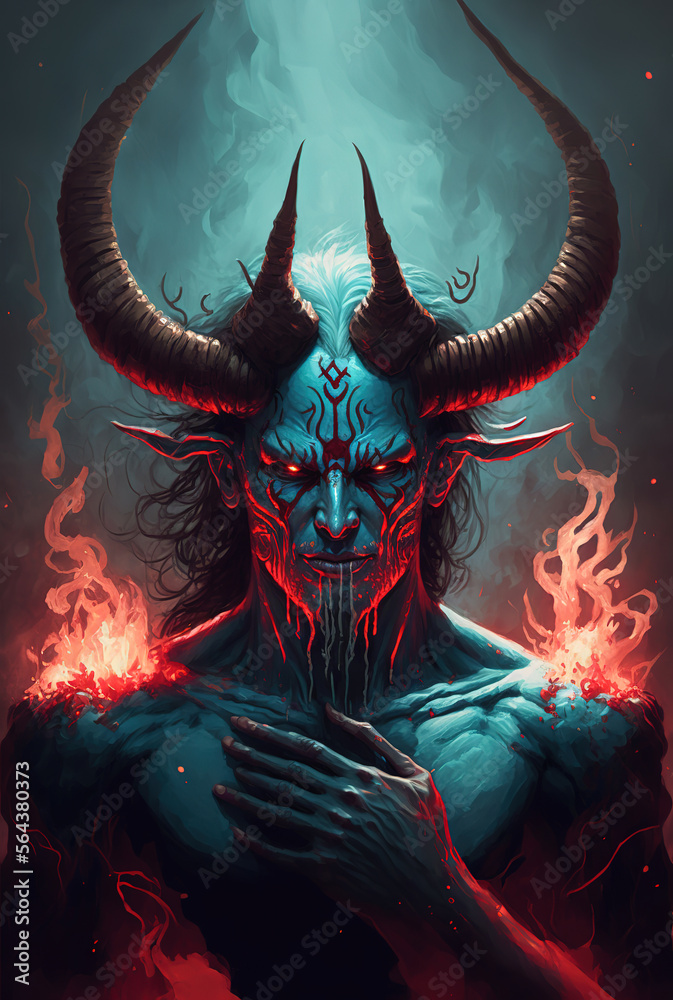 a painting of a demon with horns and blood dripping from his hands ...