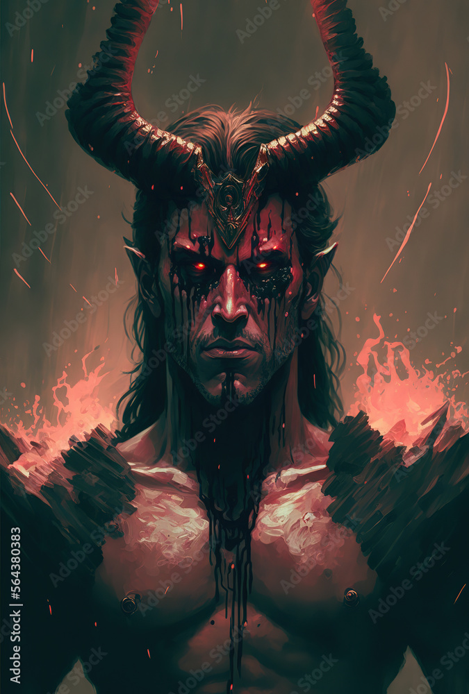 a painting of a demon with horns and blood dripping from his hands ...