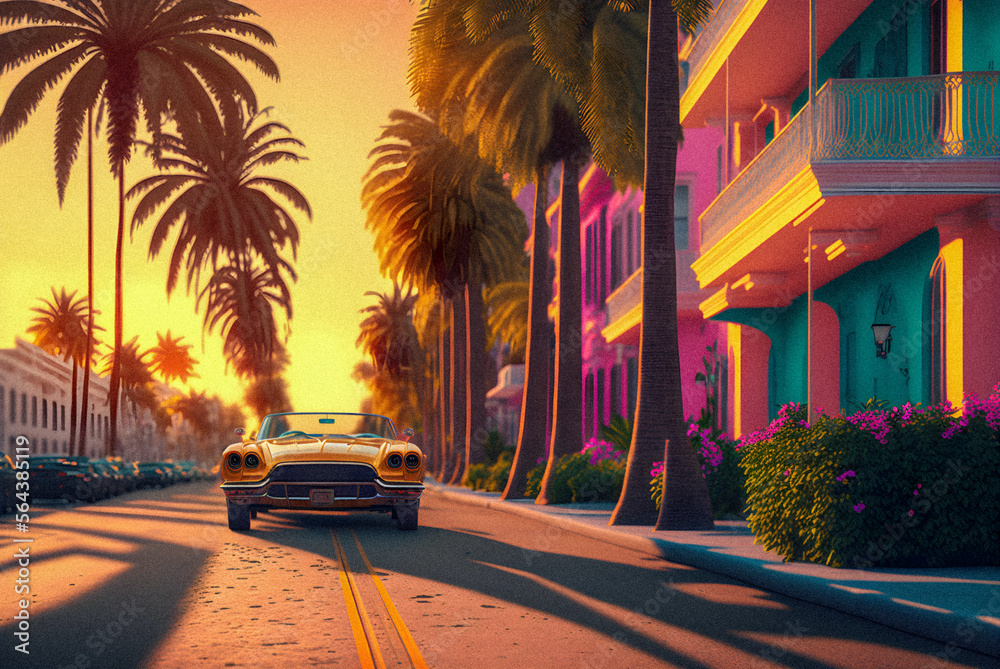 Car and Palm in 80s style, retro background, granular texture ...