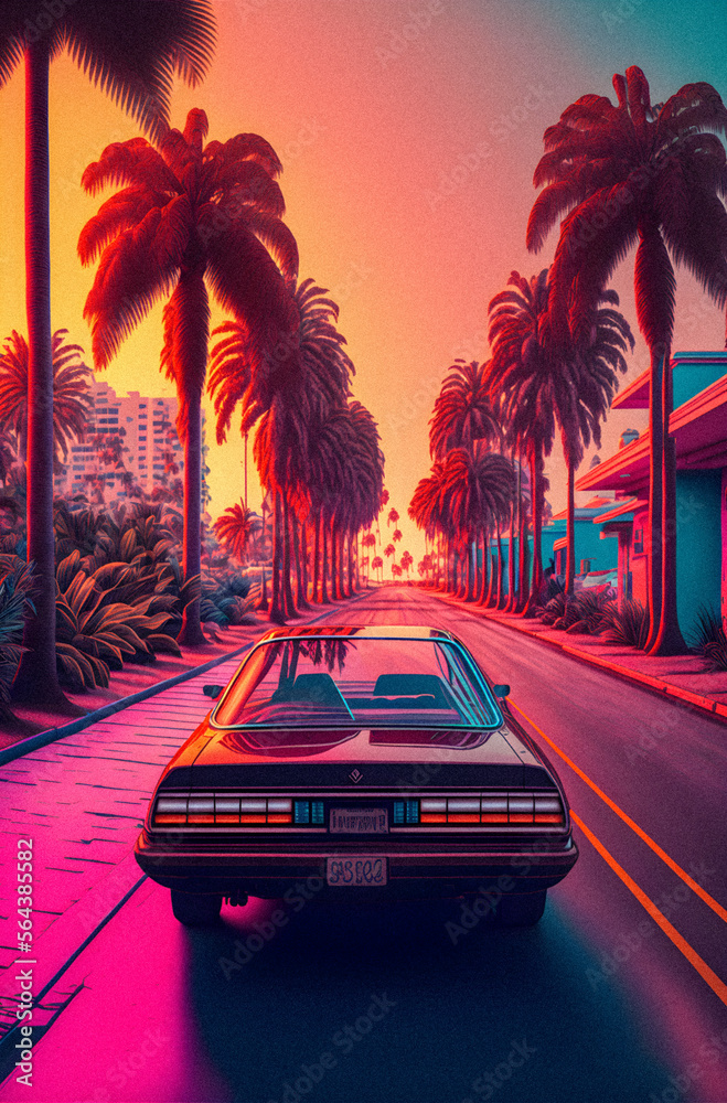 Car and Palm in 80s style, retro background, granular texture ...