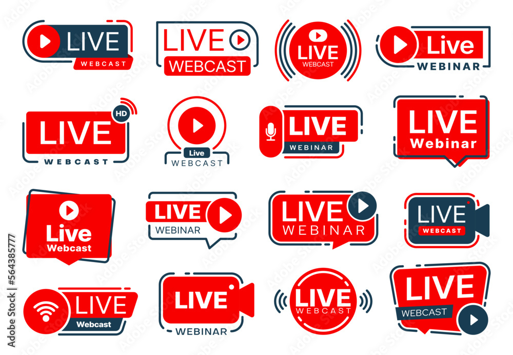 Live webinar, webcast icons. Training course web broadcast pictogram ...