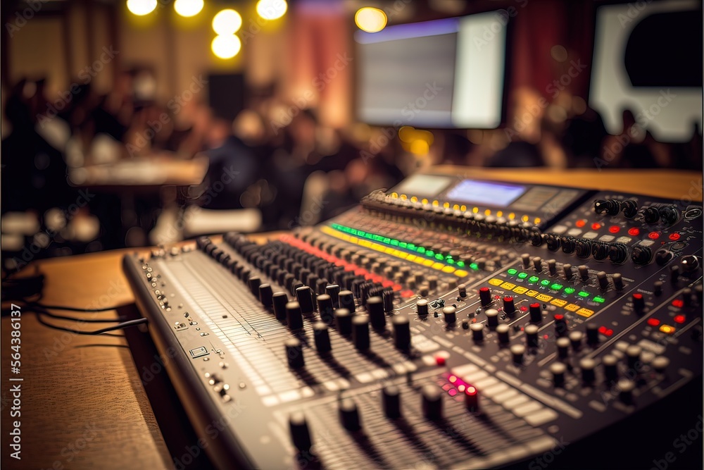 Installation of acoustic system. DJ sound set. Mixing consoles are used ...