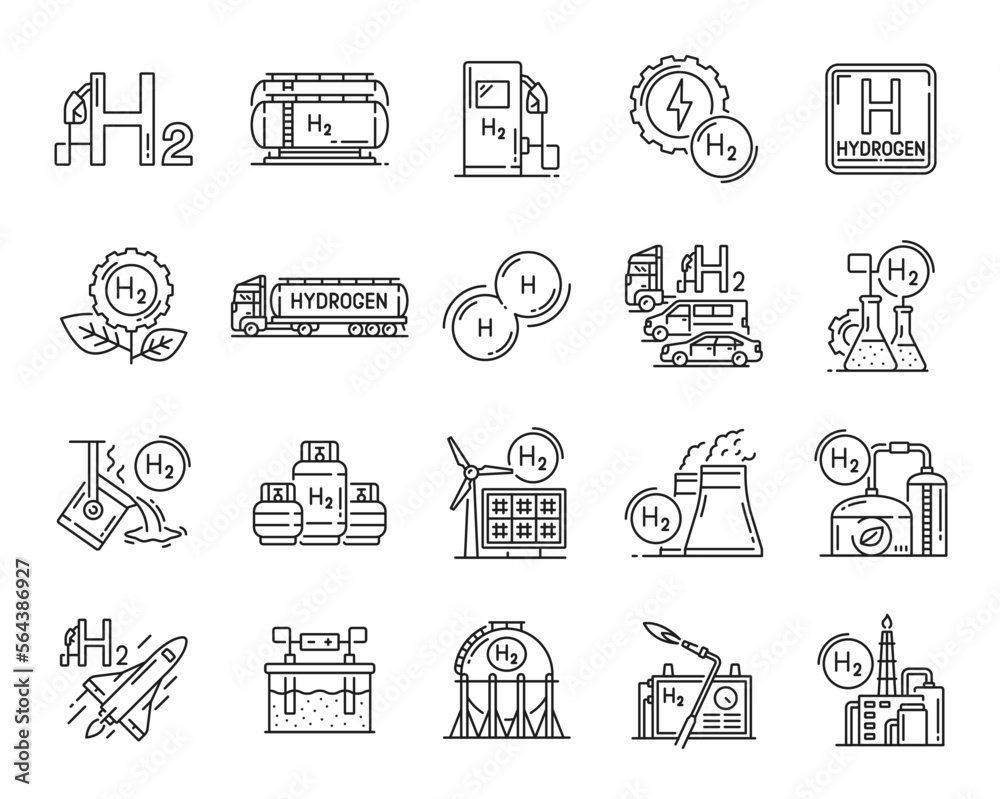 Hydrogen icons. Renewable and sustainable energy source outline symbols ...
