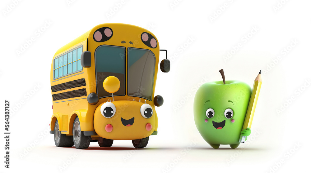green apple and school bus friends characters isolated on white ...