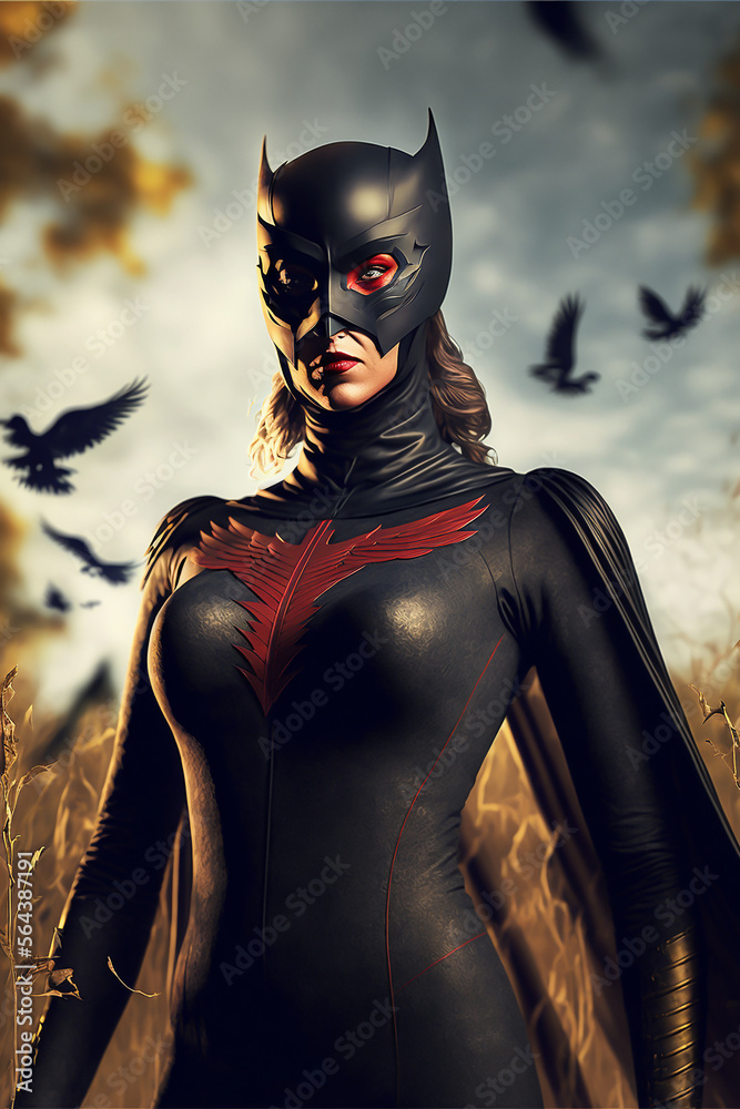 Super Hero Female warrior in Black mask and leather costumes Stock ...