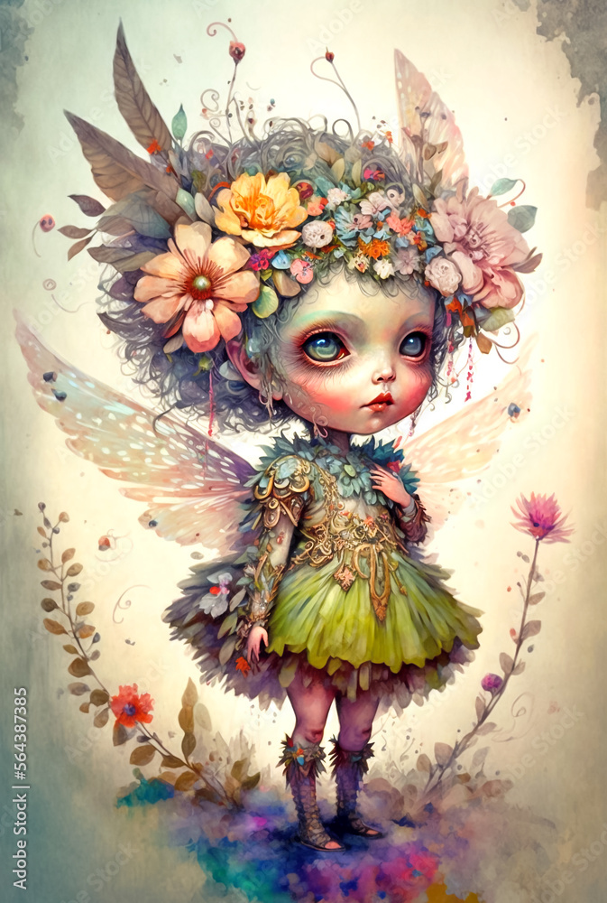 Cute whimsical fairy girl among flowers. Fantasy watercolor painting ...