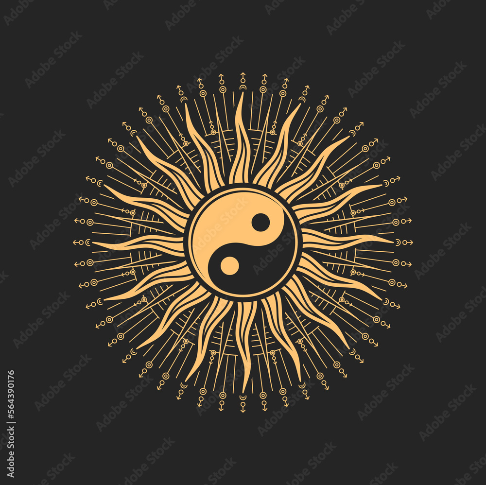 Yin Yang symbol inside of sun esoteric occult or magic tarot sign ...