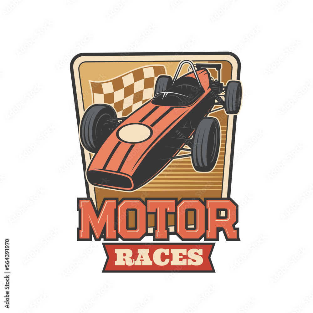 Motor race icon, sport car racing or retro automobile speed rides ...