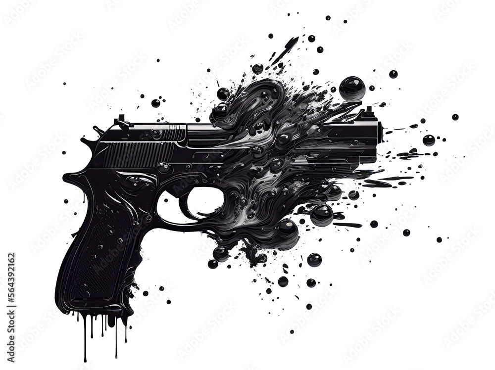 Liquid black pistol with splashes. Transparent background. AI-generated ...