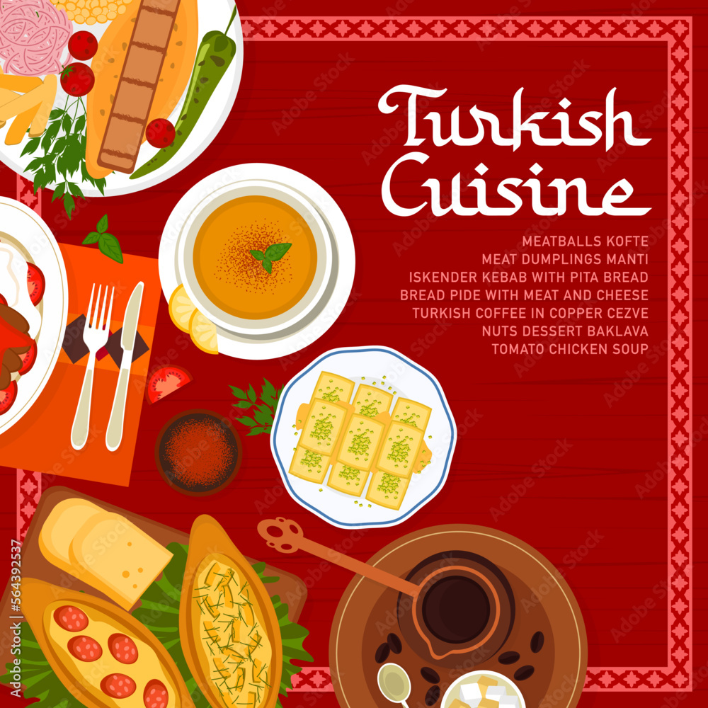 Turkish cuisine menu cover page template. Bread Pide with meat and ...