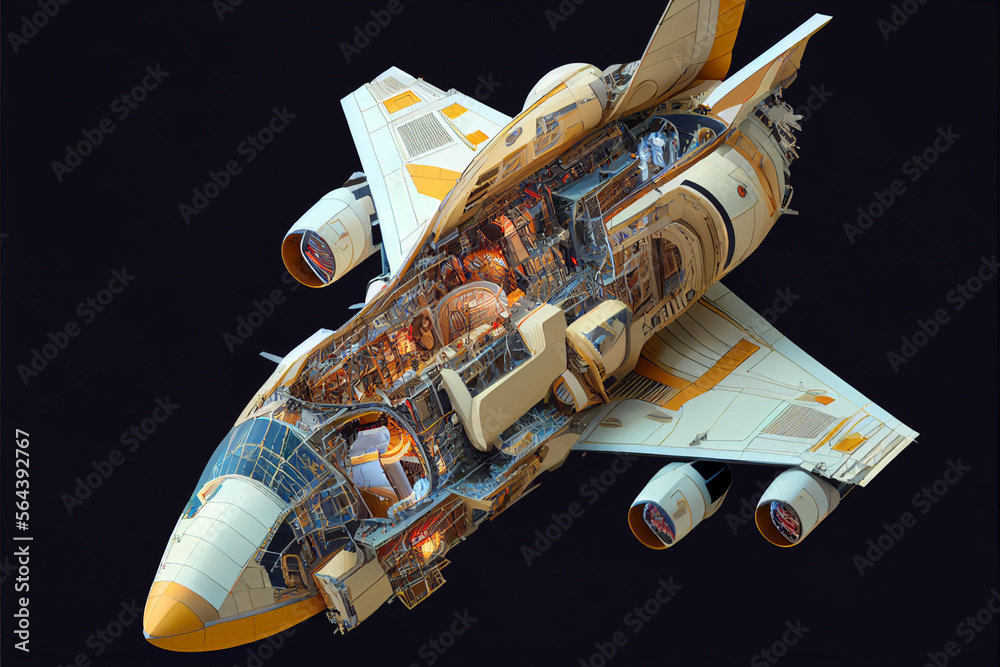 Generative ai full length cross section of a huge luxury flying craft ...