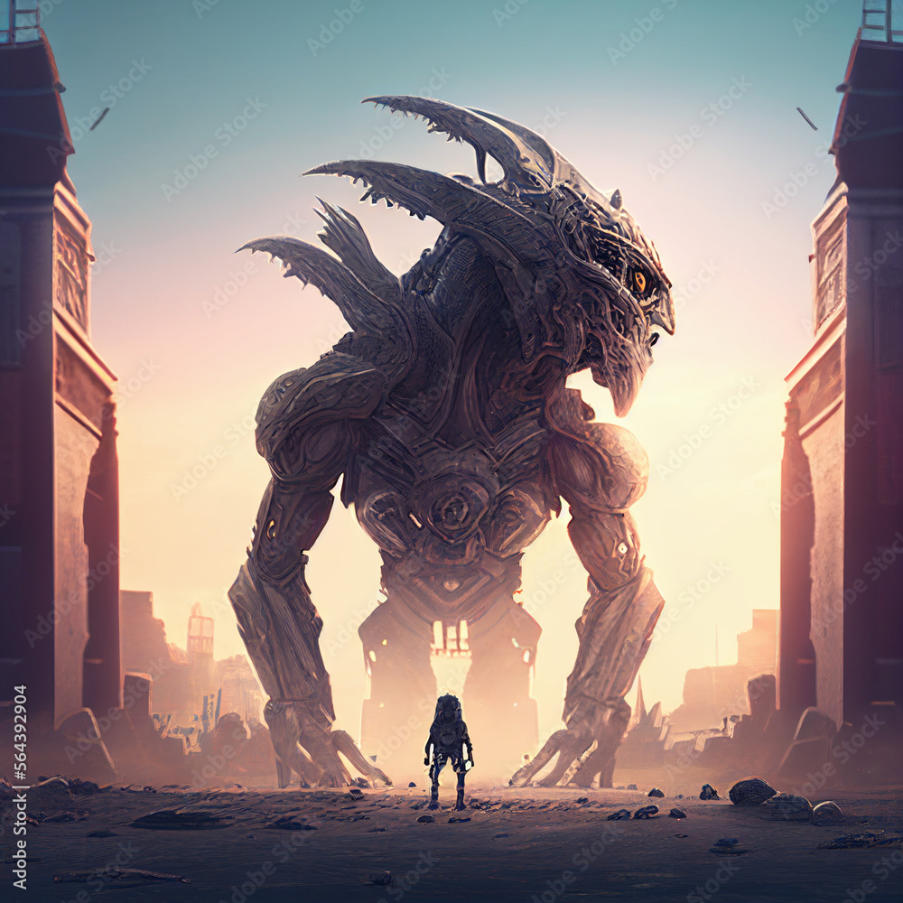 Generative ai Alien God standing Infront of a small being on his own ...