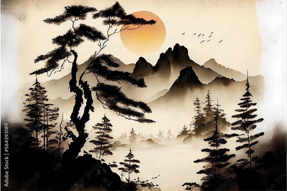 Landscape based on oriental motifs, background images, mountains, fir ...