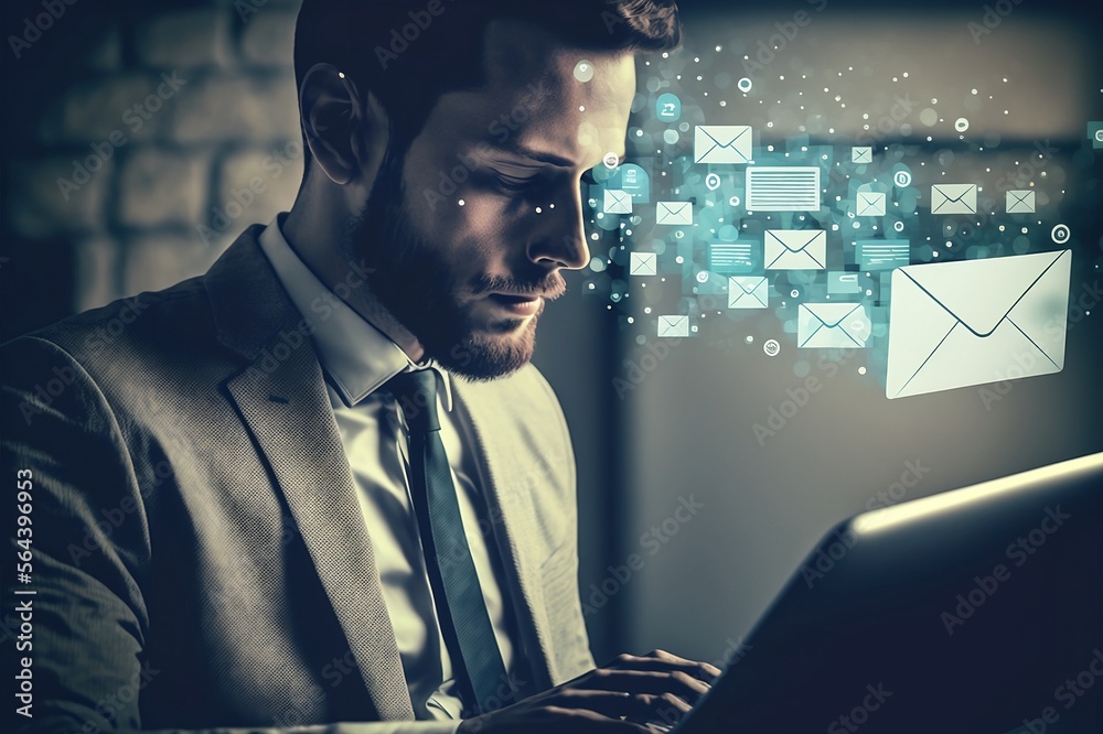 person typing on a laptop, email icon floating, Online communication ...